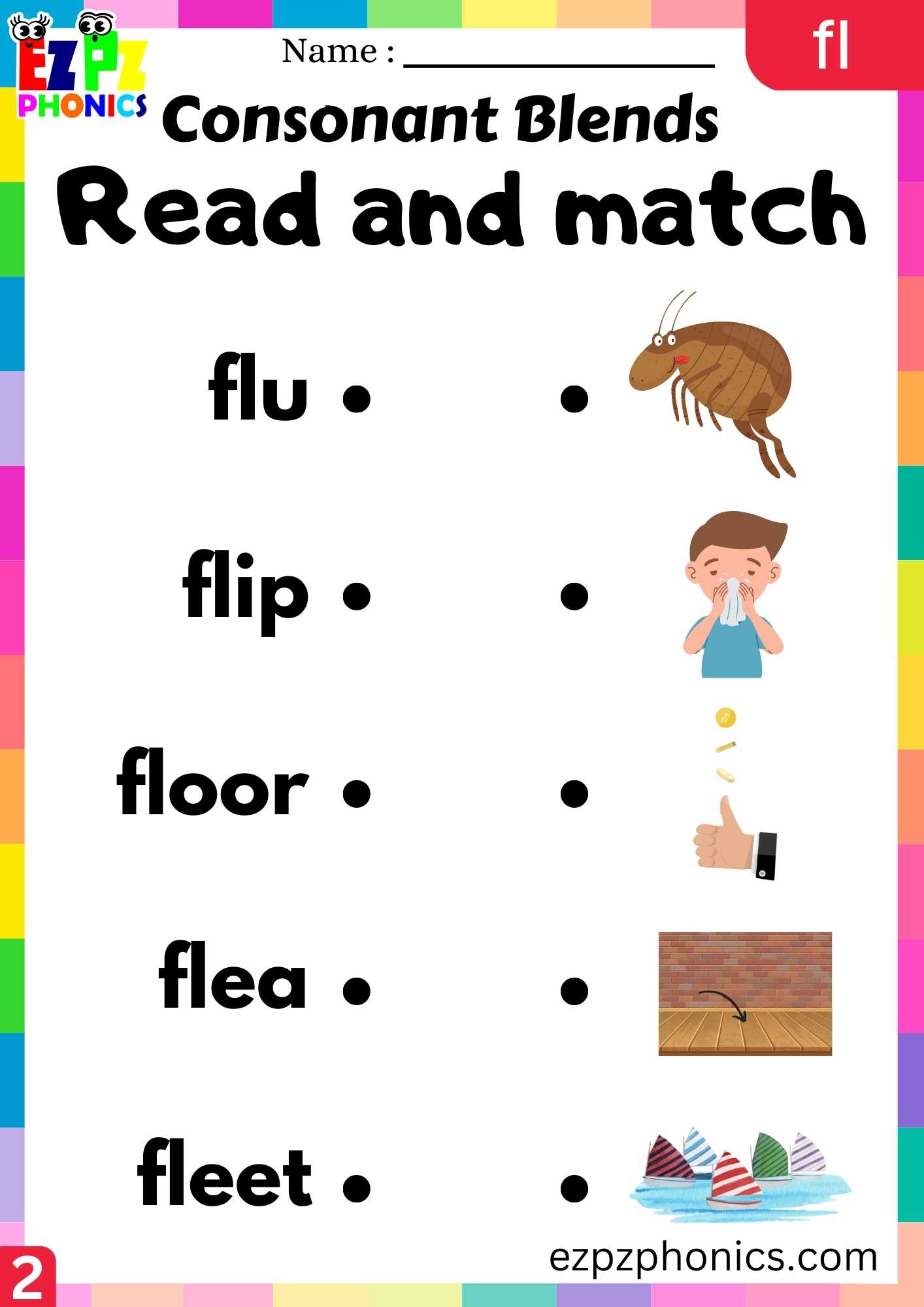 Group2 Fl Words Read And Match Phonics Consonant Blends Worksheet